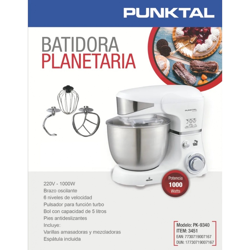 Batidora Planetaria Punktal PK-9340 1000w Bowl Acero Inoxidable 6 Niveles + Funciones - Blanca Elect